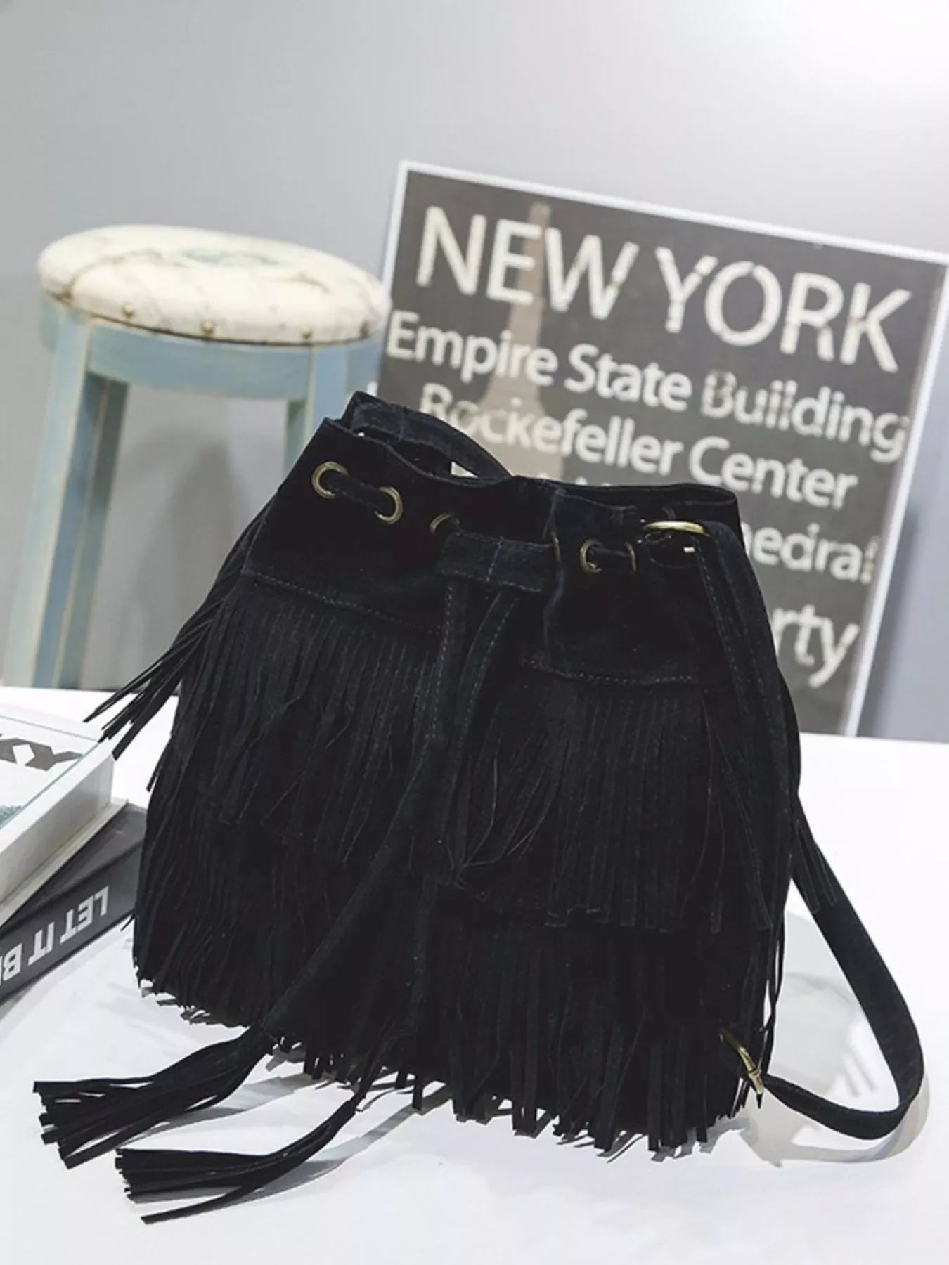 Fringe Drawstring Crossbody Bag | Medium Suede Boho Bag