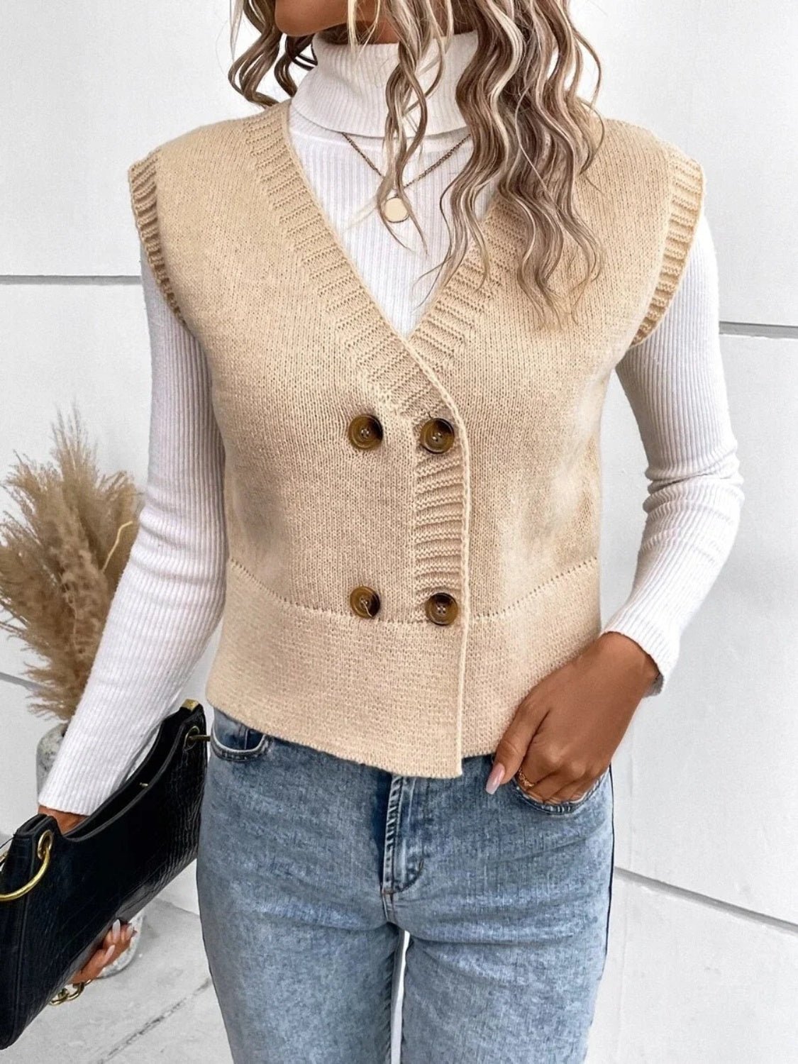 Full Size V-Neck Sweater Vest - Button Up Style